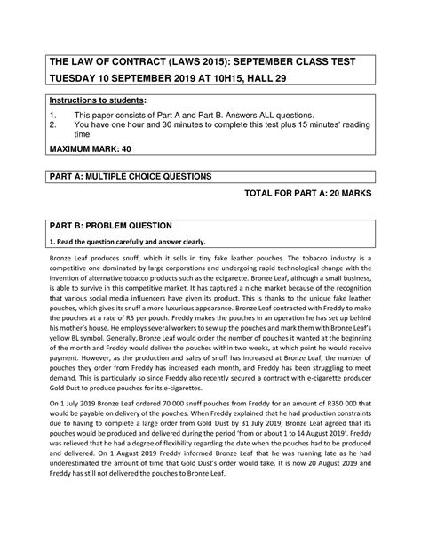 Contract TEST PART B FOR Ulwazi THE LAW OF CONTRACT LAWS SEPTEMBER CLASS