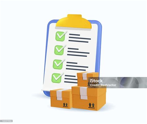 물류 화물 안전 체크리스트 화물 배달 서비스 3d 벡터 만화 목록 소포 패키지 3d 그림 3차원 형태에 대한 스톡 벡터 아트 및