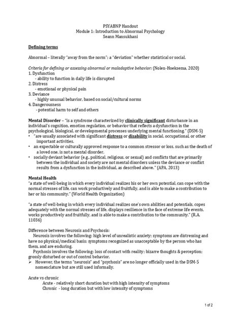 Module 1 Handout Introduction To Abnormal Psychology Pdf