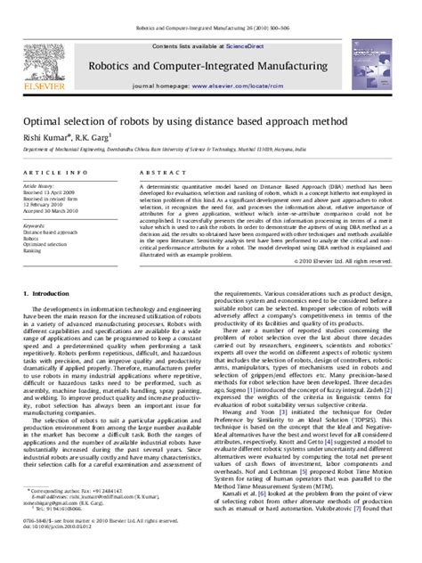 Pdf Optimal Selection Of Robots By Using Distance Based Approach Method
