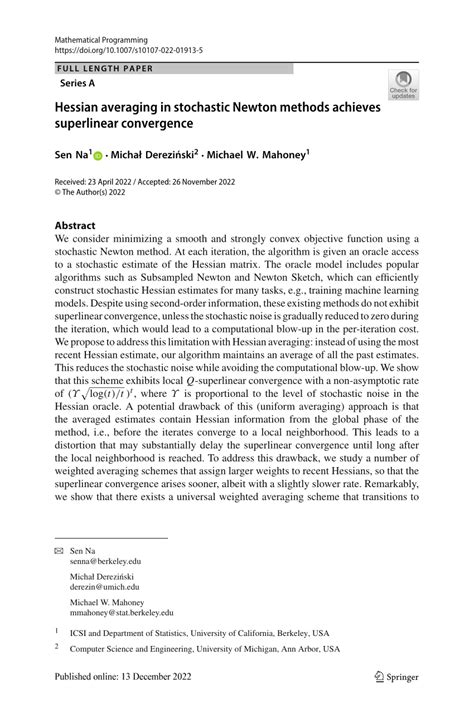 Pdf Hessian Averaging In Stochastic Newton Methods Achieves Superlinear Convergence