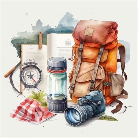 Premium Photo A Watercolor Illustration Of A Backpack And A Compass
