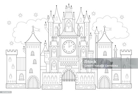서유럽의 중세 고딕 양식의 성의 판타지 그림입니다 동화 나라의 왕국 색칠 공부를 위한 흑백 페이지입니다 어린이와 성인을 위한 그림 그리기와 명상을 위한 워크시트 벡터