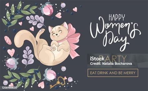 여성의 날 파티 인사말 카드 휴일 요소와 낭만적 인 고양이 손으로 비문 벡터 그림입니다 초대장 인사말 인사말 포스터용 템플릿 0명에 대한 스톡 벡터 아트 및 기타 이미지