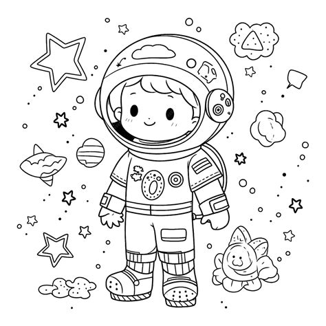어린이와 성인을 위한 귀여운 우주 비행사 흑백 색칠 페이지 라인 아트 간단한 만화 스타일 행복하고 귀엽고 재미있습니다 프리미엄 벡터