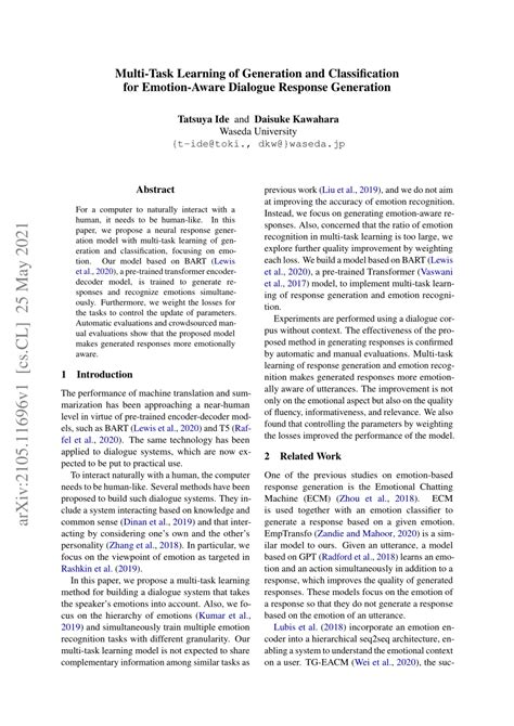 Pdf Multi Task Learning Of Generation And Classification For Emotion Aware Dialogue Response