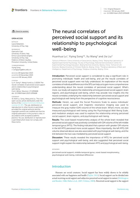 Pdf The Neural Correlates Of Perceived Social Support And Its Relationship To Psychological