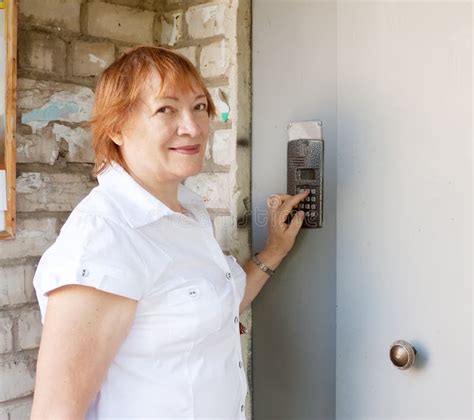 Woman Pushing Button Of House Intercom Stock Image Image Of Contemporary Button