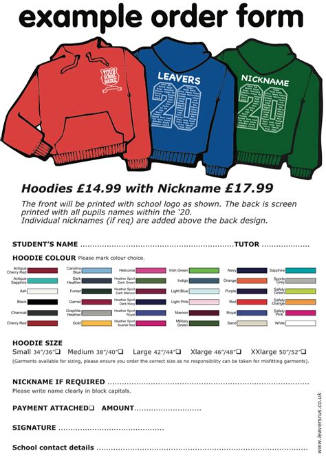 Example Order Form Leavers R Us