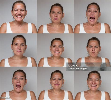 Young Woman Making Nine Different Facial Expressions Stok Fotoğraflar