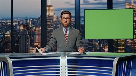 Premium Photo Man Host Point Mockup Screen Talk Evening News Anchor