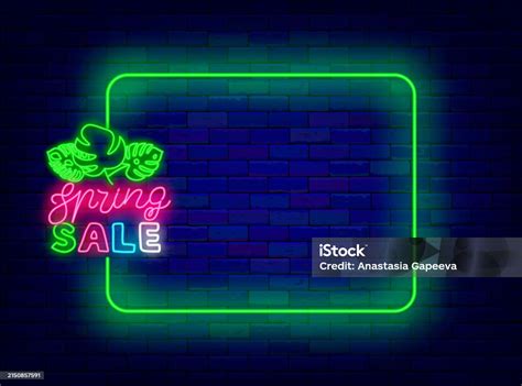 봄 세일 네온 전단지 빛나는 인사말 카드입니다 빈 녹색 프레임과 열대 나뭇잎이 있는 타이포그래피 벡터 일러스트 레이 션 3월에 대한 스톡 벡터 아트 및 기타 이미지 Istock