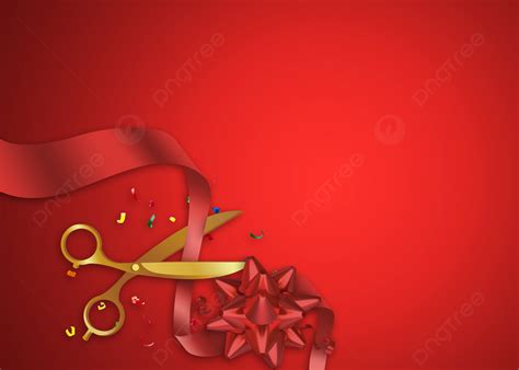 Red Ribbon Cutting Opening Ceremony Golden Scissors Confetti Background