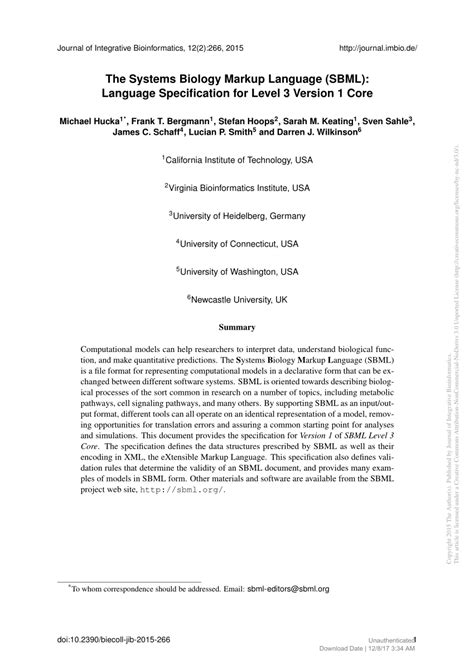 Pdf The Systems Biology Markup Language Sbml Language