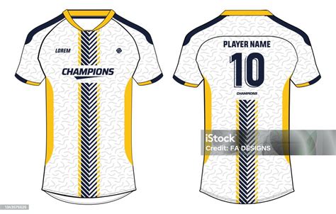 스포츠 저지 티셔츠 디자인 컨셉 벡터 템플릿 축구 크리켓 배구 럭비 배드민턴 유니폼 앞면과 후면 보기가 있는 기하학적 스트라이프