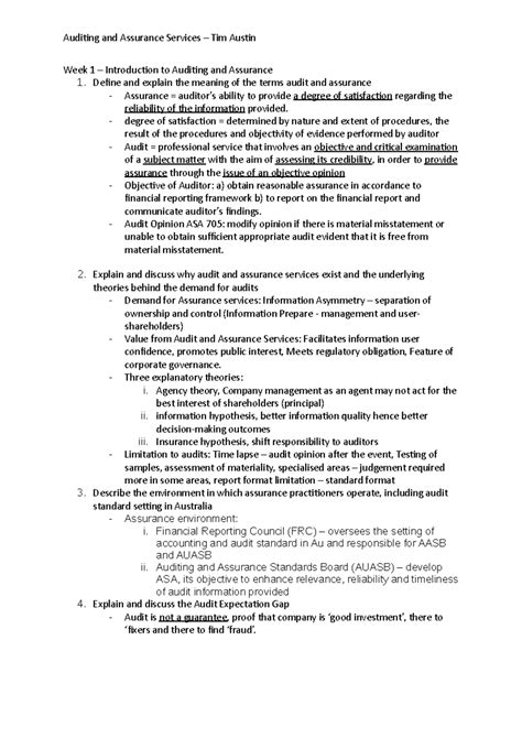 Audit Note Summary Week 1 2 Auditing And Assurance Services Tim Austin Week 1