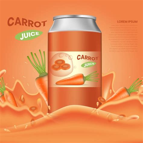 현실적인 당근과 캔 병이 있는 당근 주스 광고 벡터 프리미엄 벡터