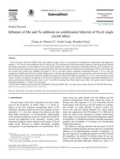 Pdf Influence Of Mo And Ta Additions On Solidification Behavior Of Ni3al Single Crystal Alloys