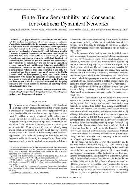 Pdf Finite Time Semistability And Consensus For Nonlinear Dynamical Networks
