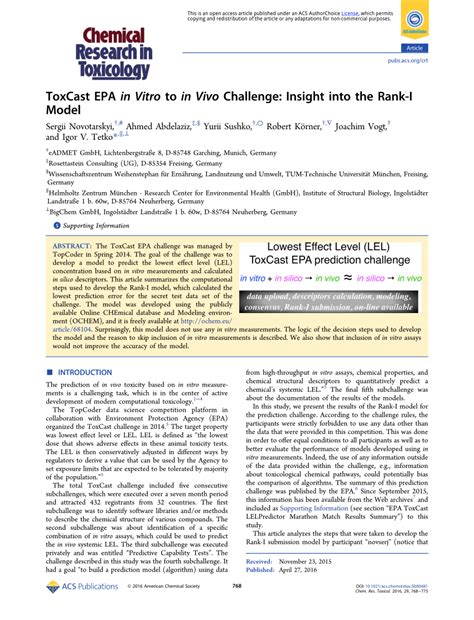 Pdf Toxcast Epa In Vitro To In Vivo Challenge Insight Into The Rank