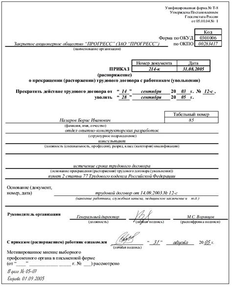 Образец приказа об увольнении по истечении срока трудового договора образец