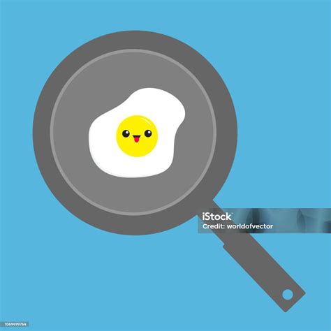 팬 아이콘에 튀긴 그 귀여운 만화 캐릭터입니다 혀와 눈 재미 있는 이모티콘 아침 식사 음식 컬렉션입니다 노 른 자 얼굴 머리 웃 고 깨진된 계란입니다 평면 디자인입니다