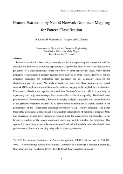 Pdf Feature Extraction By Neural Network Nonlinear Mapping For