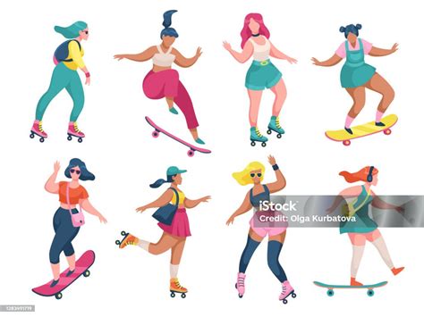 롤러 스케이트 소녀 젊은 여성 롤러 스케이트와 스케이트 보드 롤러 블레이드와 스케이트 보드 십대 액티브 레저 시간 야외 컬렉션 익스트림 스포츠 플랫 벡터 고립 세트 인라인