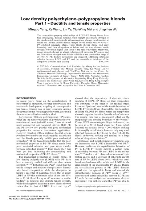 Pdf Low Density Polyethylene Polypropylene Blends Part 1 Ductility