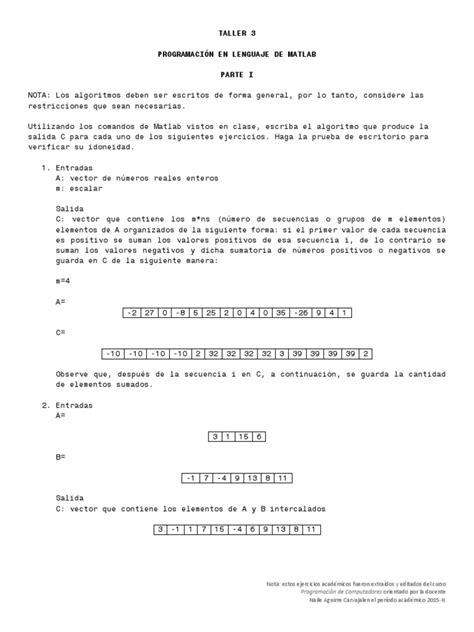 Taller 3 Programacion Matlab P1 Pdf Estructura De Datos De Matriz