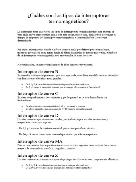 Cuáles Son Los Tipos De Interruptores Termomagnéticos Pdf Cambiar Corriente Eléctrica
