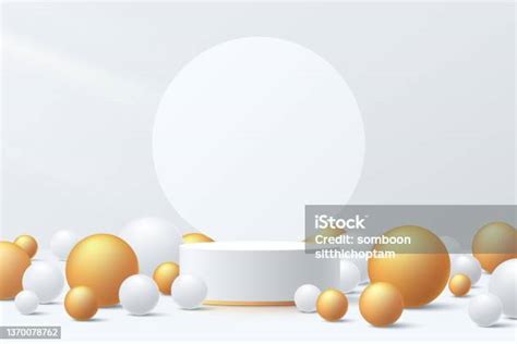 럭셔리 구공 또는 거품과 현실적인 금과 흰색 3d 실린더 받침대 연단 제품 쇼케이스 무대 프로모션 디스플레이를위한 최소한의 벽 장면 벡터 추상 스튜디오 룸 플랫폼 디자인