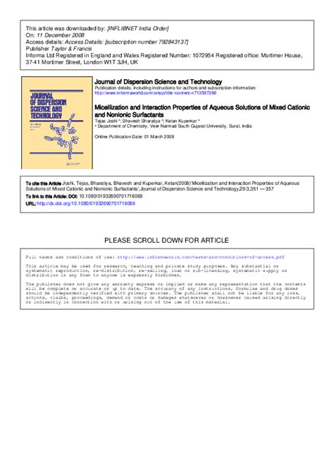 Pdf Micellization And Interaction Properties Of Aqueous Solutions Of Mixed Cationic And