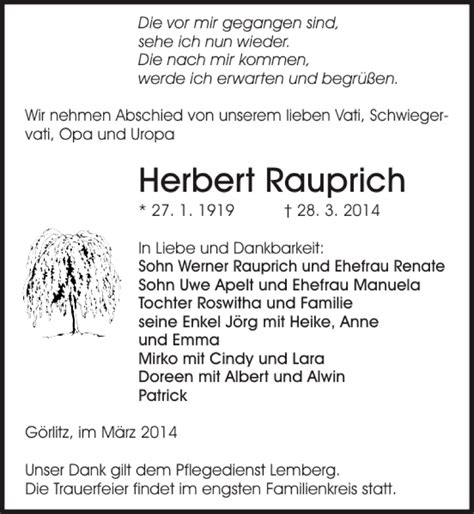 Traueranzeigen Von Herbert Rauprich Trauer Anzeigen De