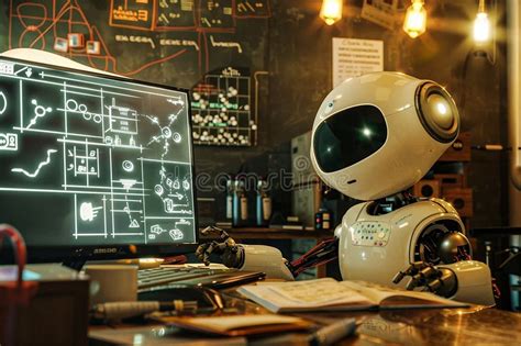 ai robot with computer solving complex mathematical problems doing