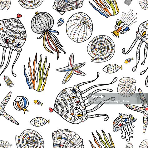 해파리 조개 생선 불가사리 및 조류가있는 귀여운 매끄러운 패턴 개체 그룹에 대한 스톡 벡터 아트 및 기타 이미지 개체 그룹 귀여운 그래픽 프린트 Istock