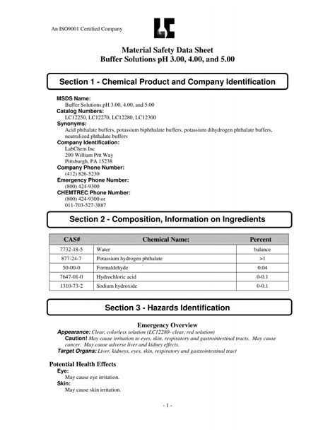 material safety data sheet buffer solutions ph 3 00 4 00 and 5 00