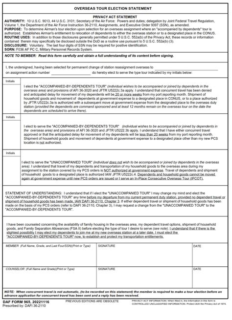 Daf Form 965 Overseas Tour Election Statement Af Forms