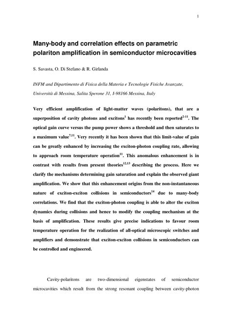 Pdf Many Body And Correlation Effects On Parametric Polariton Amplificazion In Semiconductor