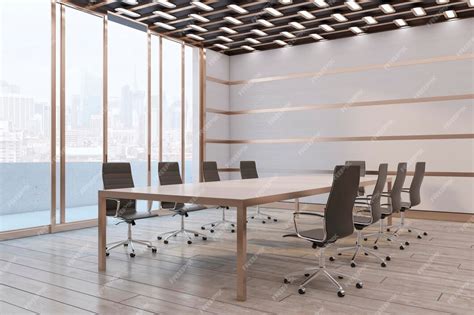 탁 트인 창문 도시 전망과 가구를 갖춘 현대적인 회의실 내부 목재 및 콘크리트 벽과 바닥 상업용 작업 공간 개념 3d 렌더링 프리미엄 사진
