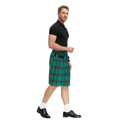Mens Classic Green Plaid Pleated Skirt Scottish Holiday Mid Waist