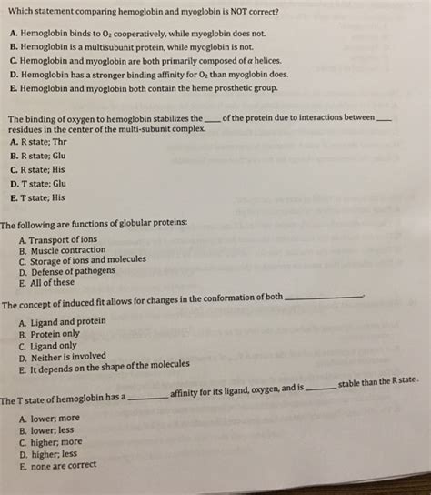 Solved Which Statement Comparing Hemoglobin And Myoglobin Is