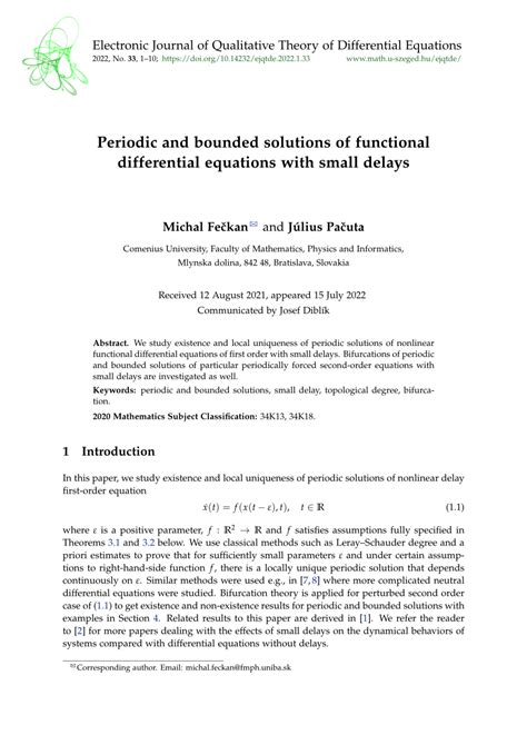 Pdf Periodic And Bounded Solutions Of Functional Differential Equations With Small Delays