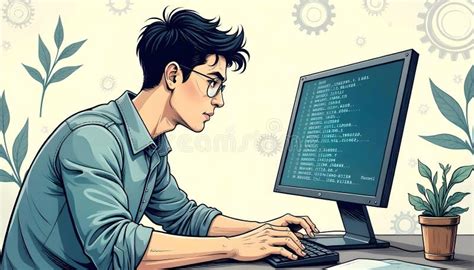 A Young Programmer Working On A Computer Immersed In Writing And Reviewing Code Stock