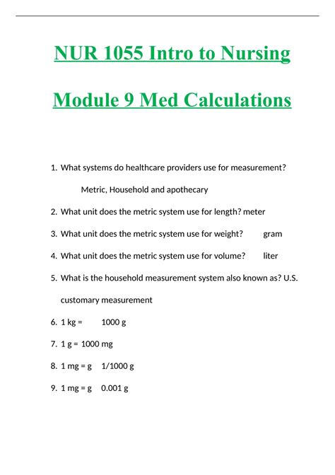 Nur 1055 Intro To Nursing Module 9 Med Calculations Nur 1055 Intro To