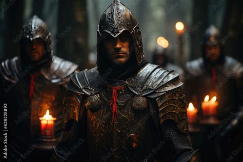 Templar Knights Inside Dark Forest With Torches Ordinary Looking With