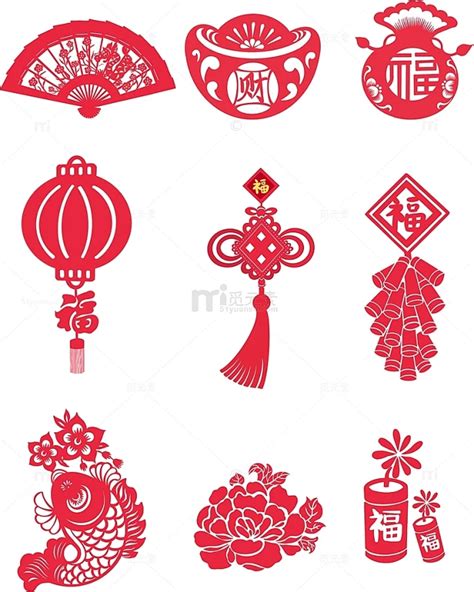 剪纸春节新年元素鞭炮中国结福袋金元宝素材免费下载 觅元素 花瓣网