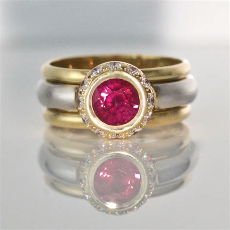 Ruby Rub Over Set Diagonal Stripe Triple Ring David Ashton Jewellery