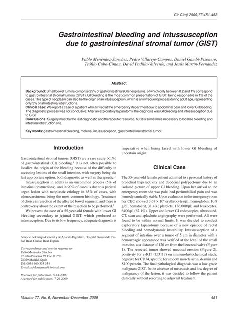 Pdf Gastrointestinal Bleeding And Intussusception Due To Gastrointestinal Stromal Tumor Gist