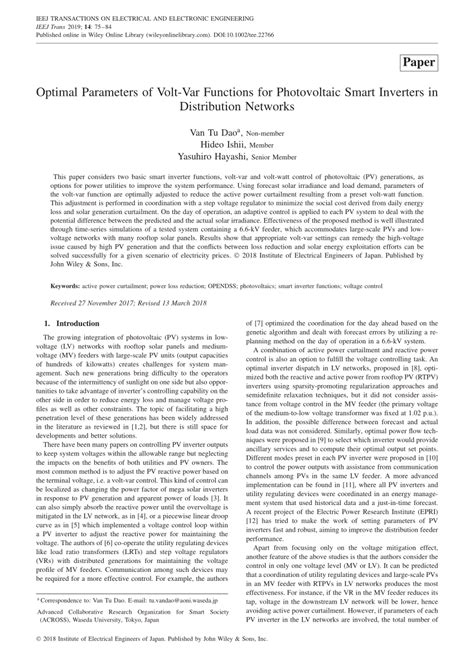 Optimal Parameters Of Volt‐var Functions For Photovoltaic Smart Inverters In Distribution